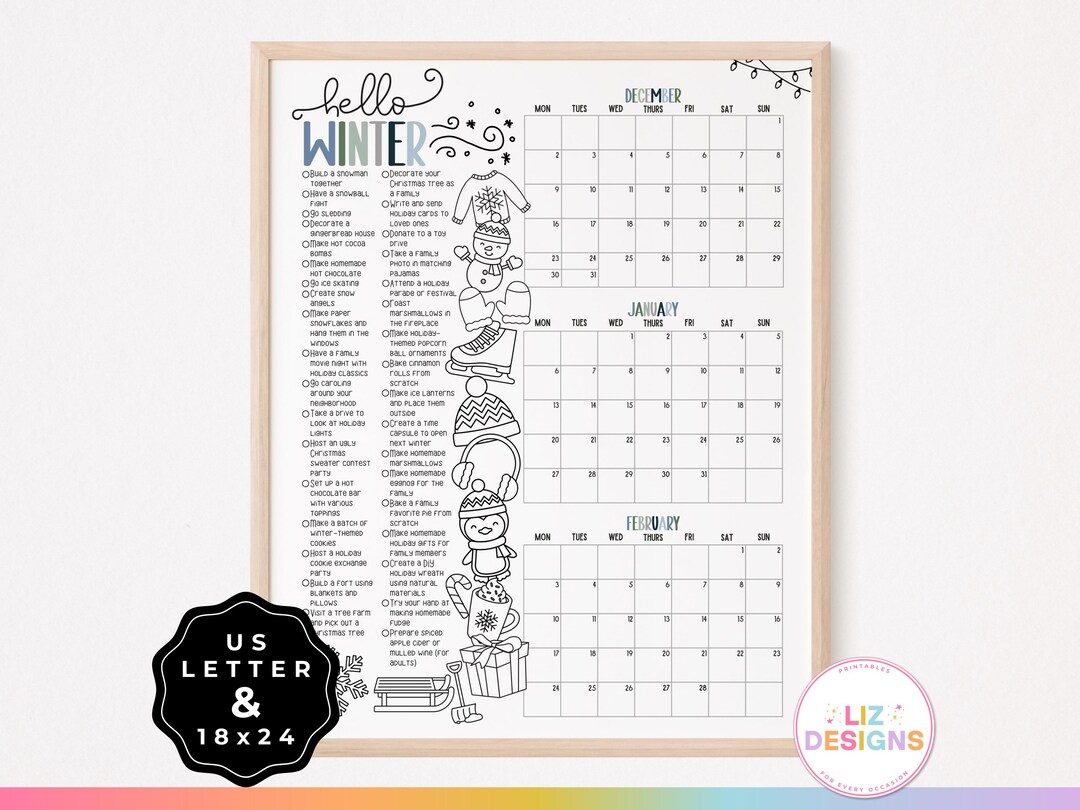 Printable Winter Bucket List, Winter Holiday 2024-2025 Calendar Poster ...