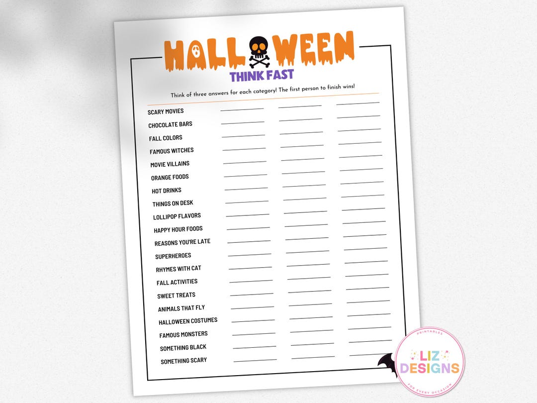 Printable Halloween Think Fast Game, Fun Halloween Party Game for Kids ...