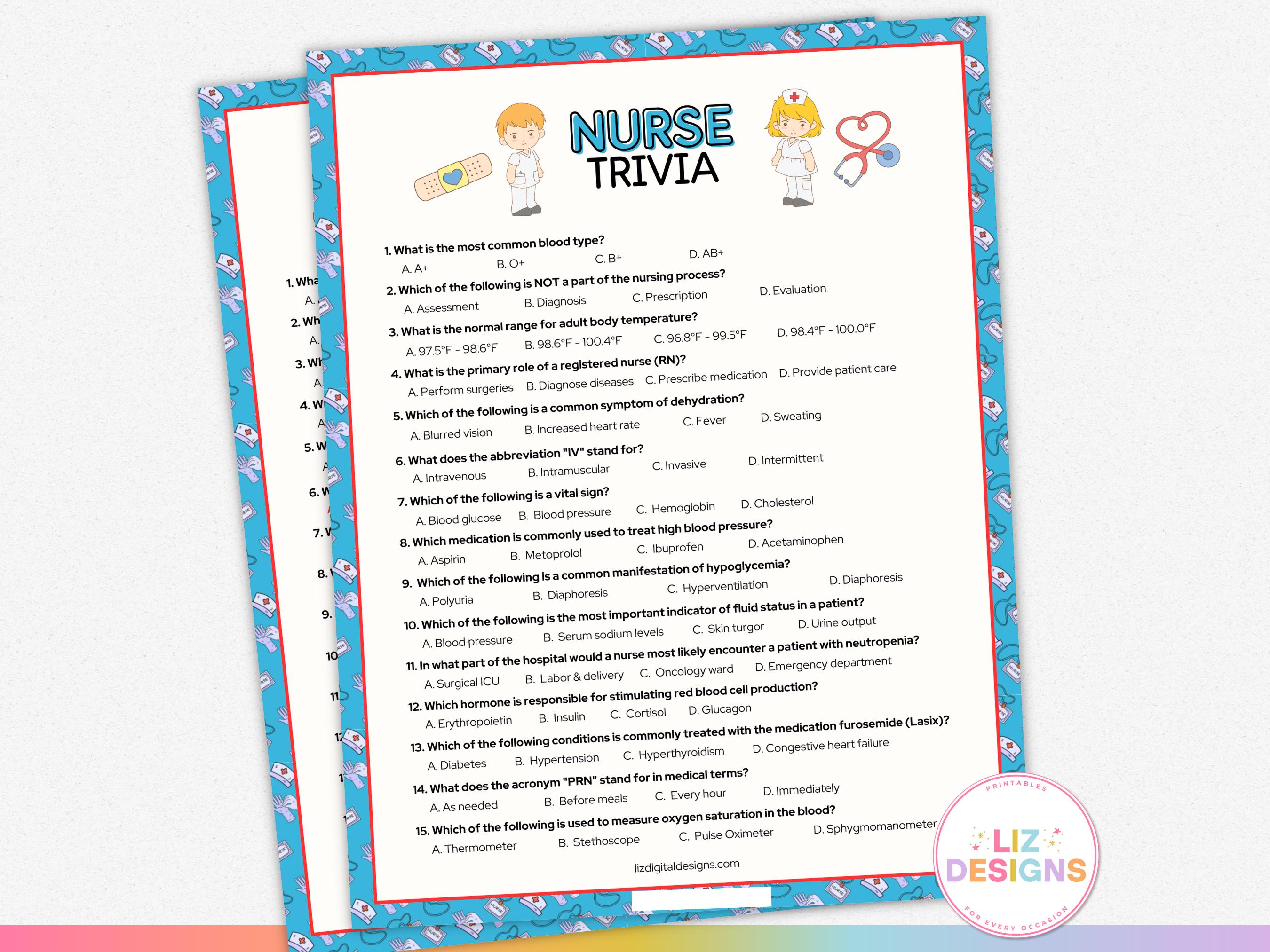 Printable Nurse Trivia, Nurse Appreciation Party Game, Medical Party ...