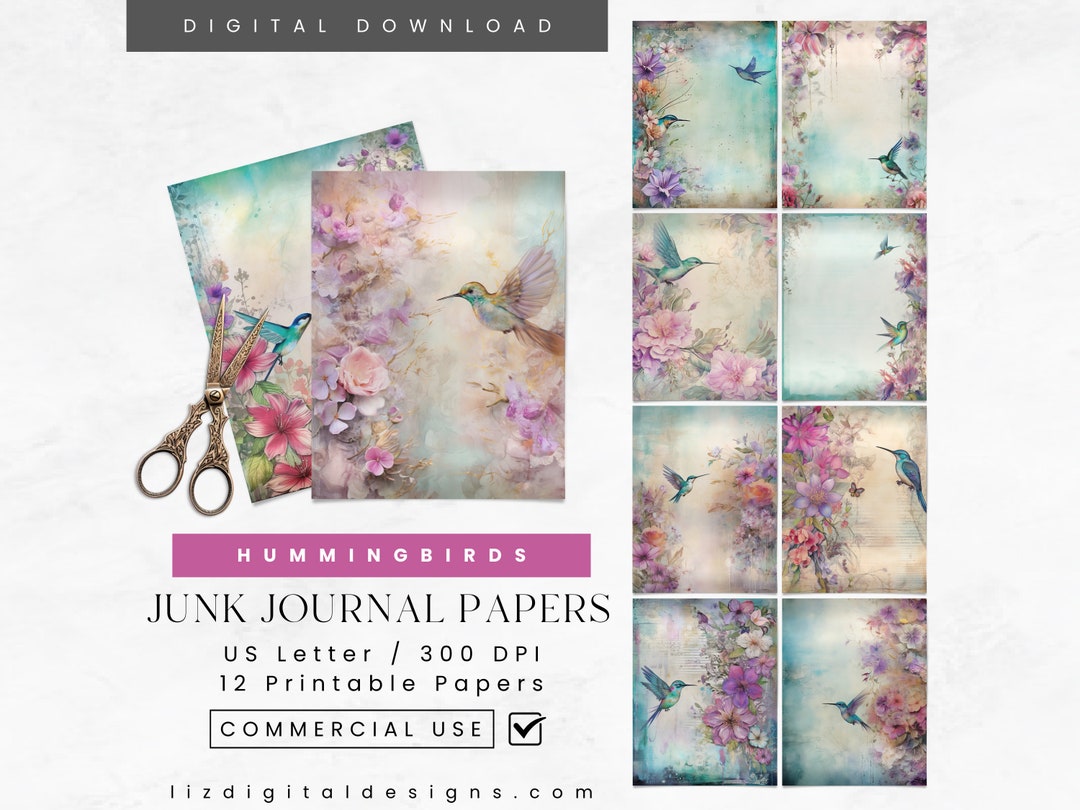 Hummingbird Junk Journal Paper, Watercolor Collage Sheets, Floral ...
