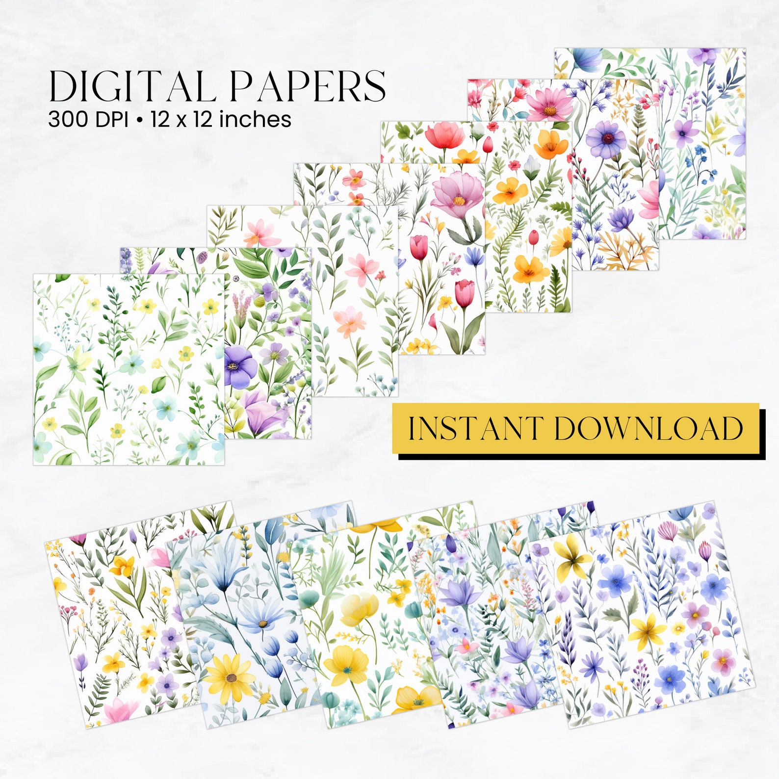 Wildflowers Printable Digital Papers, Watercolor Wildflowers Junk ...