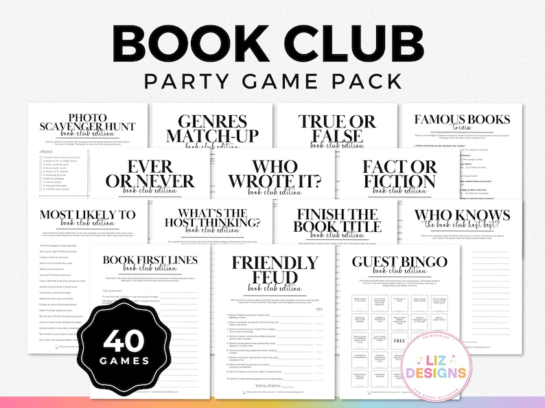 40 Book Club Games, Printable Book Club Meeting Activity Kit ...