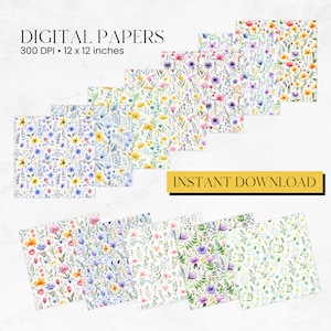 Wildflowers Printable Digital Papers, Watercolor Wildflowers Junk ...