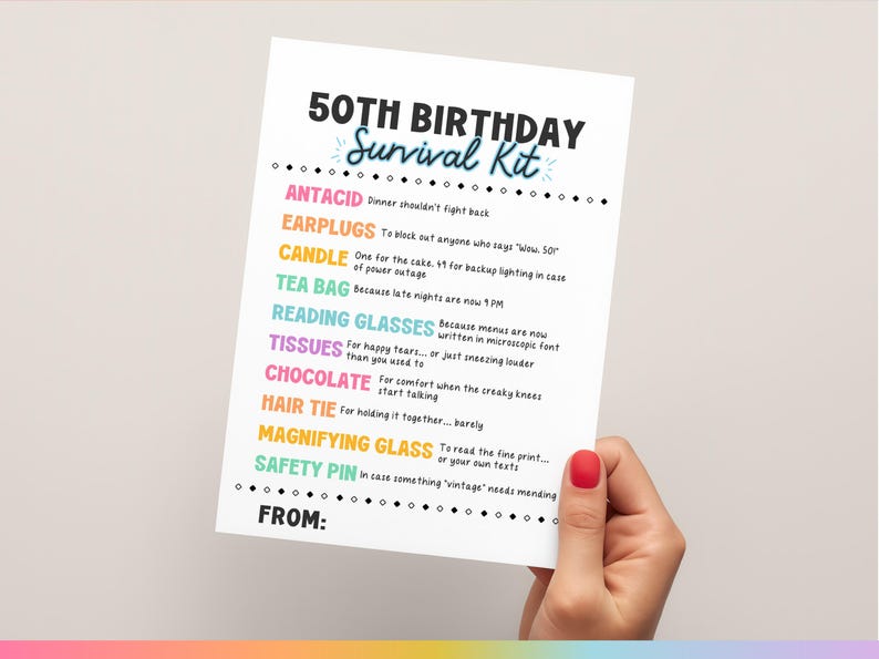 50th Birthday Survival Kit Tag, Funny Gag Gift for Friends, Printable ...
