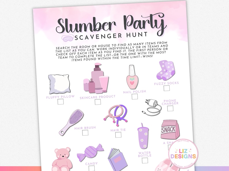 Slumber Party Scavenger Hunt, Printable Slumber Party Games, Fun ...