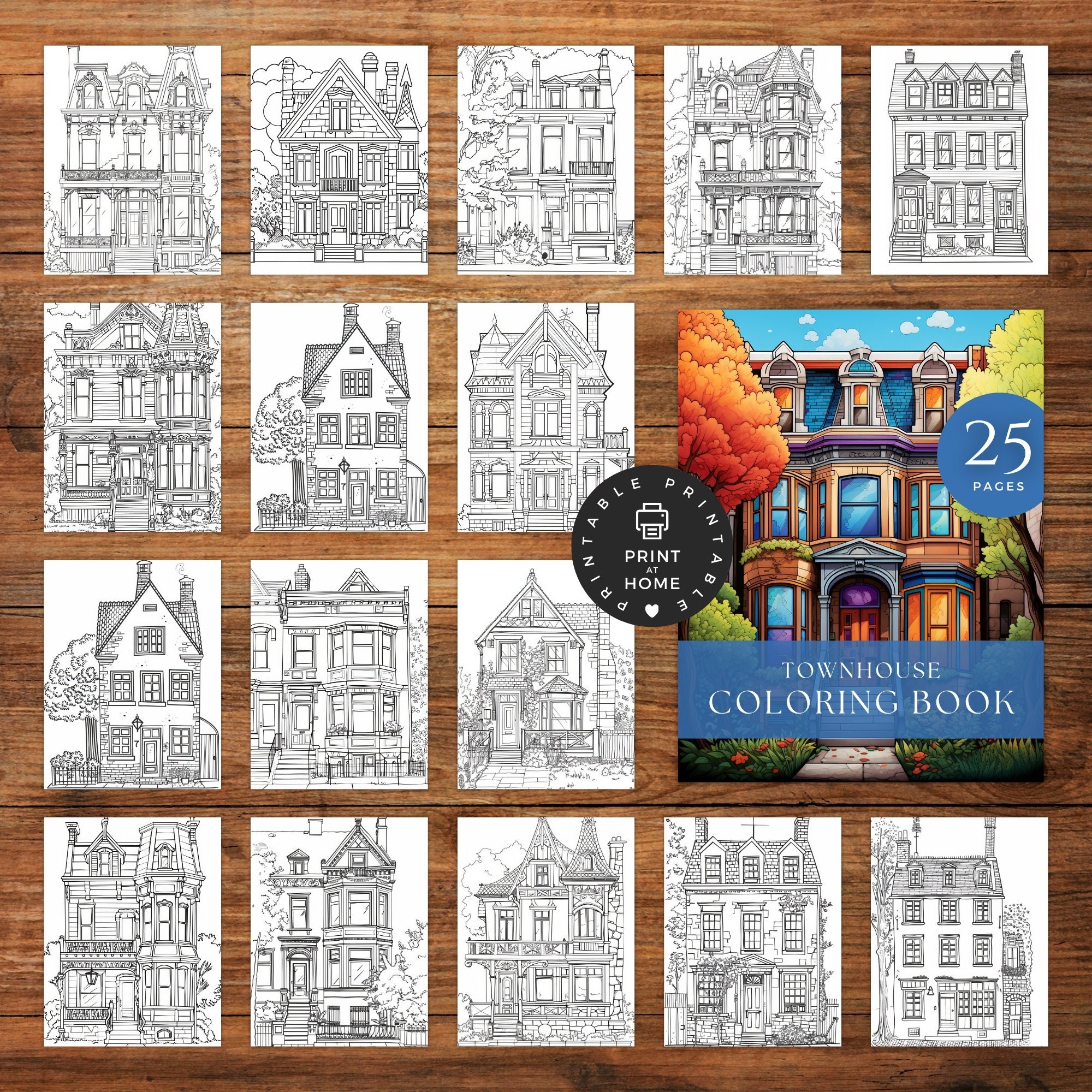 Townhouse Coloring Pages, Grayscale House Coloring Book for Adults ...