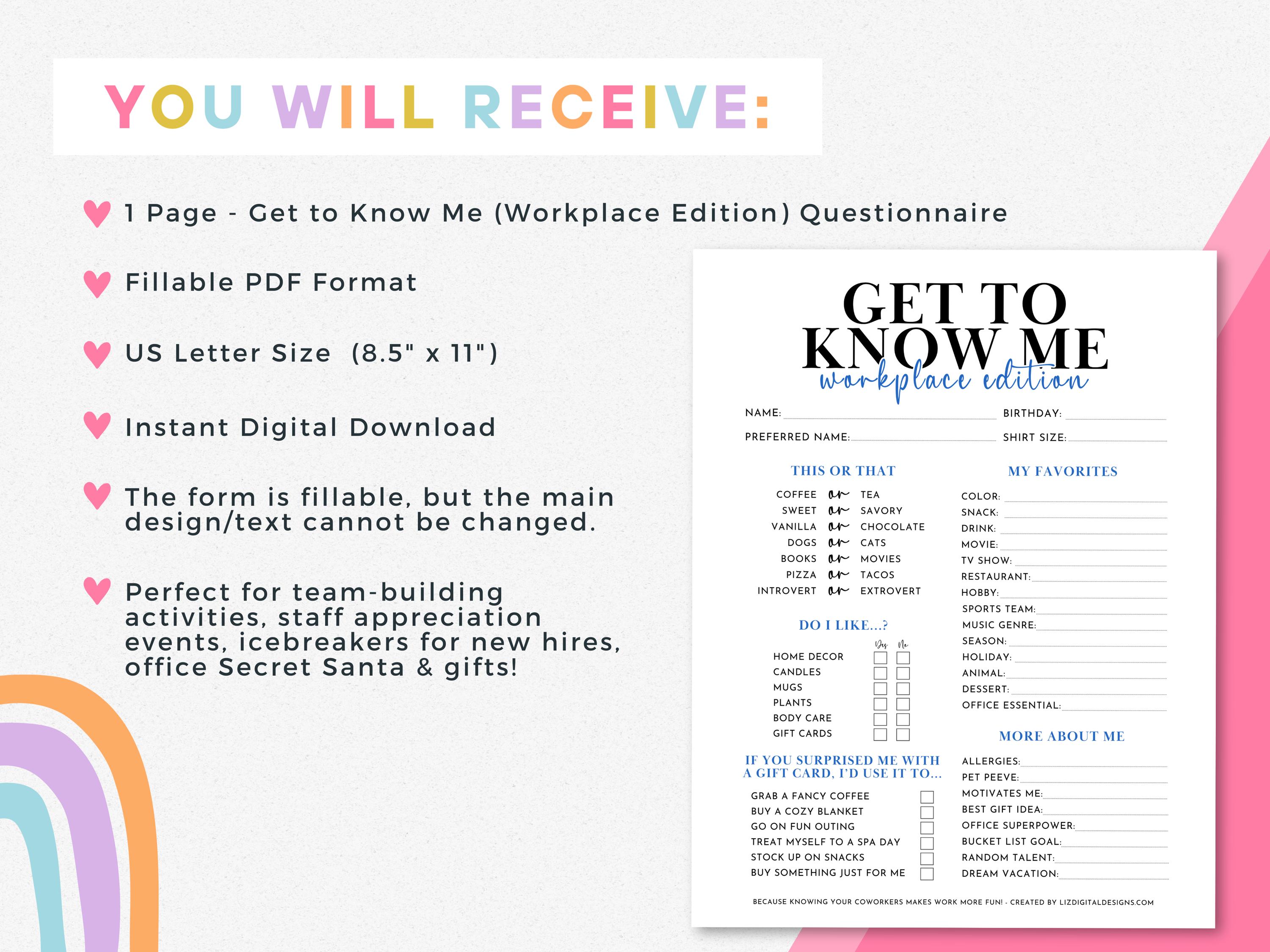 Team Building Get to Know Your Staff Questionnaire Printable, Employee ...