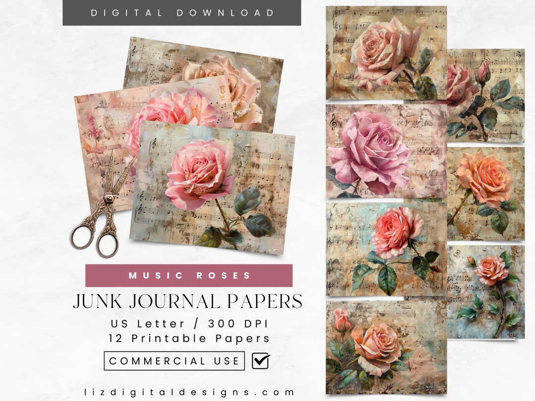 Shabby Chic Roses Sheet Music Junk Journal Pages, Scrap Paper Pages ...