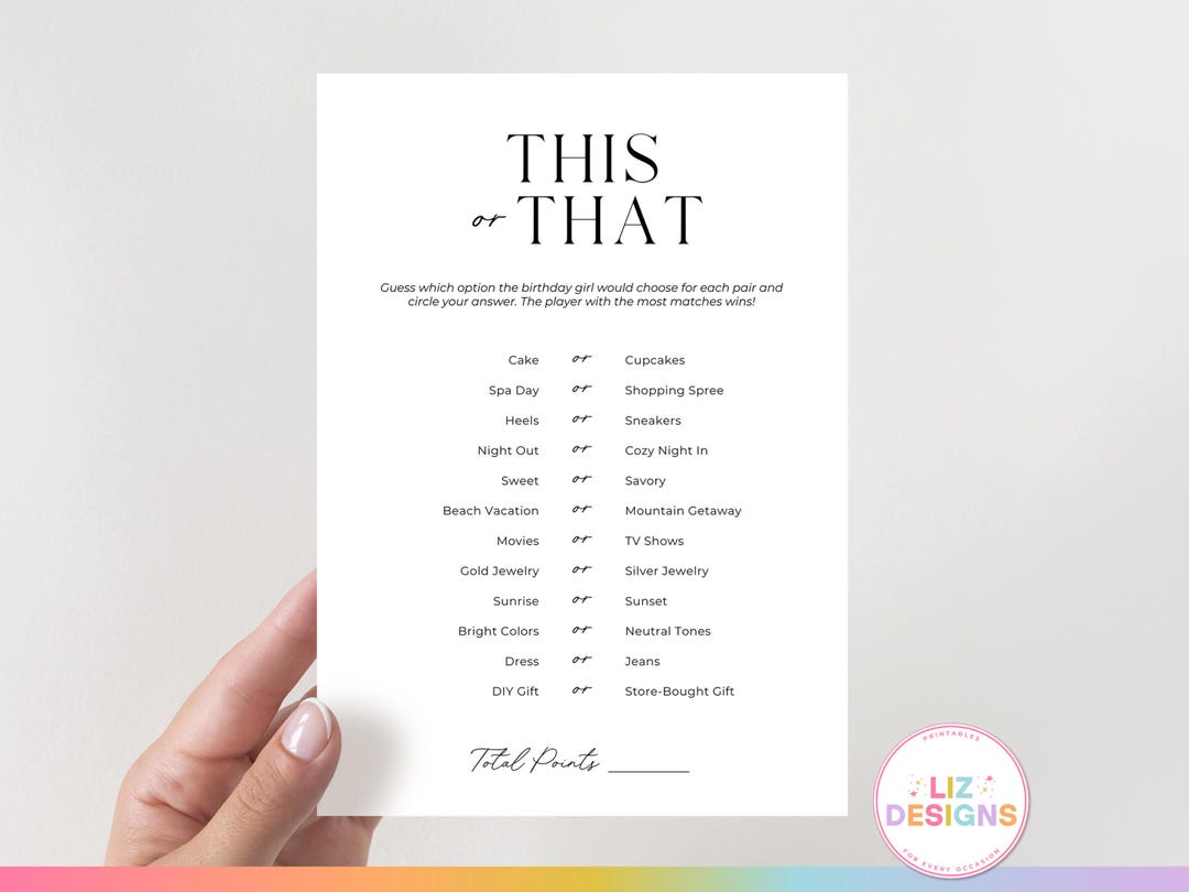 This or That Birthday Game for Her, Printable Would She Rather Party ...