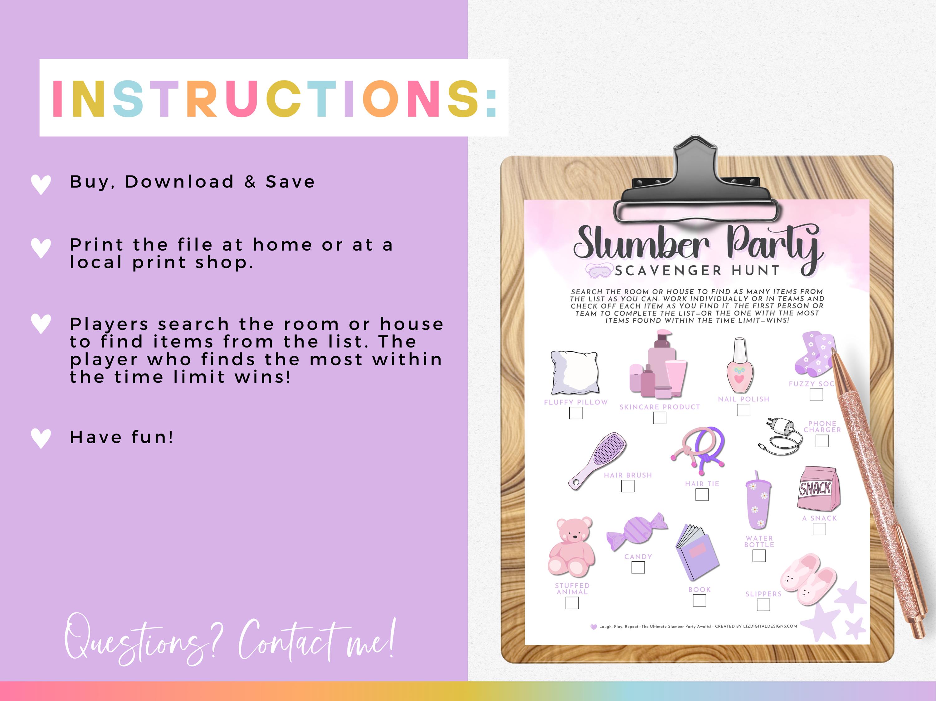 Slumber Party Scavenger Hunt, Printable Slumber Party Games, Fun ...