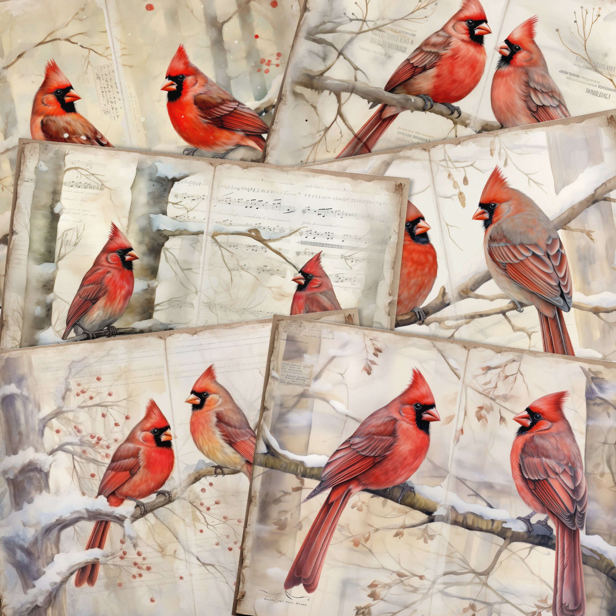 Red Cardinals Junk Journal Printable Pages for Art and Journaling, Bird ...