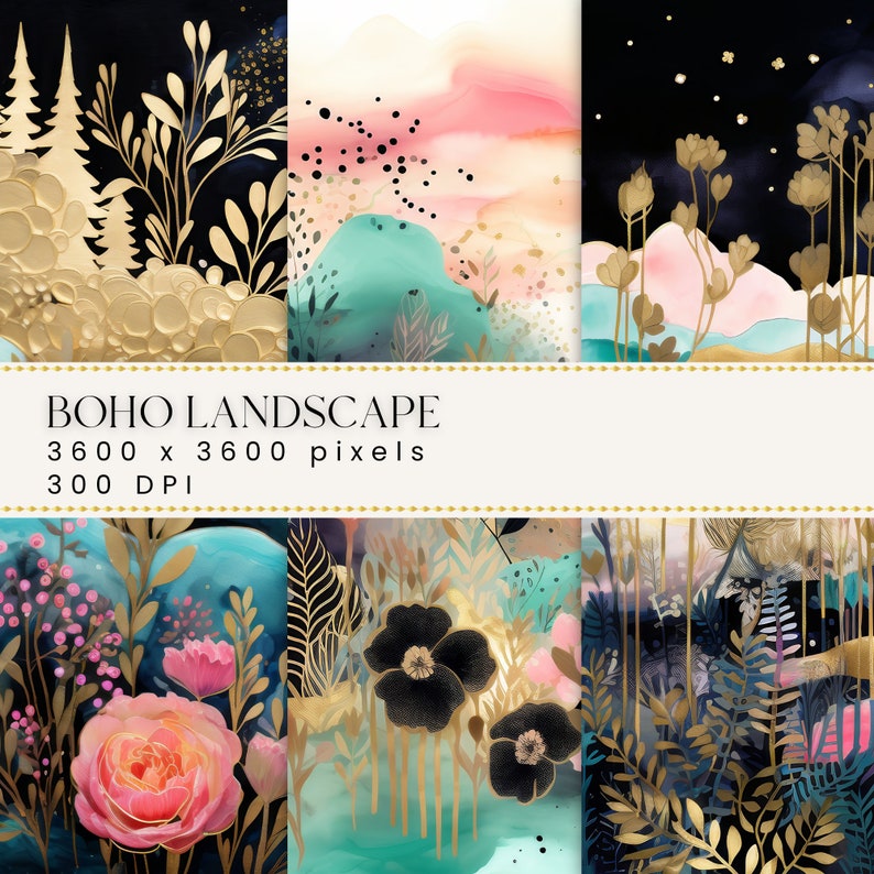 Boho Botanical Digital Paper, Floral Background Patterns, Landscape and ...