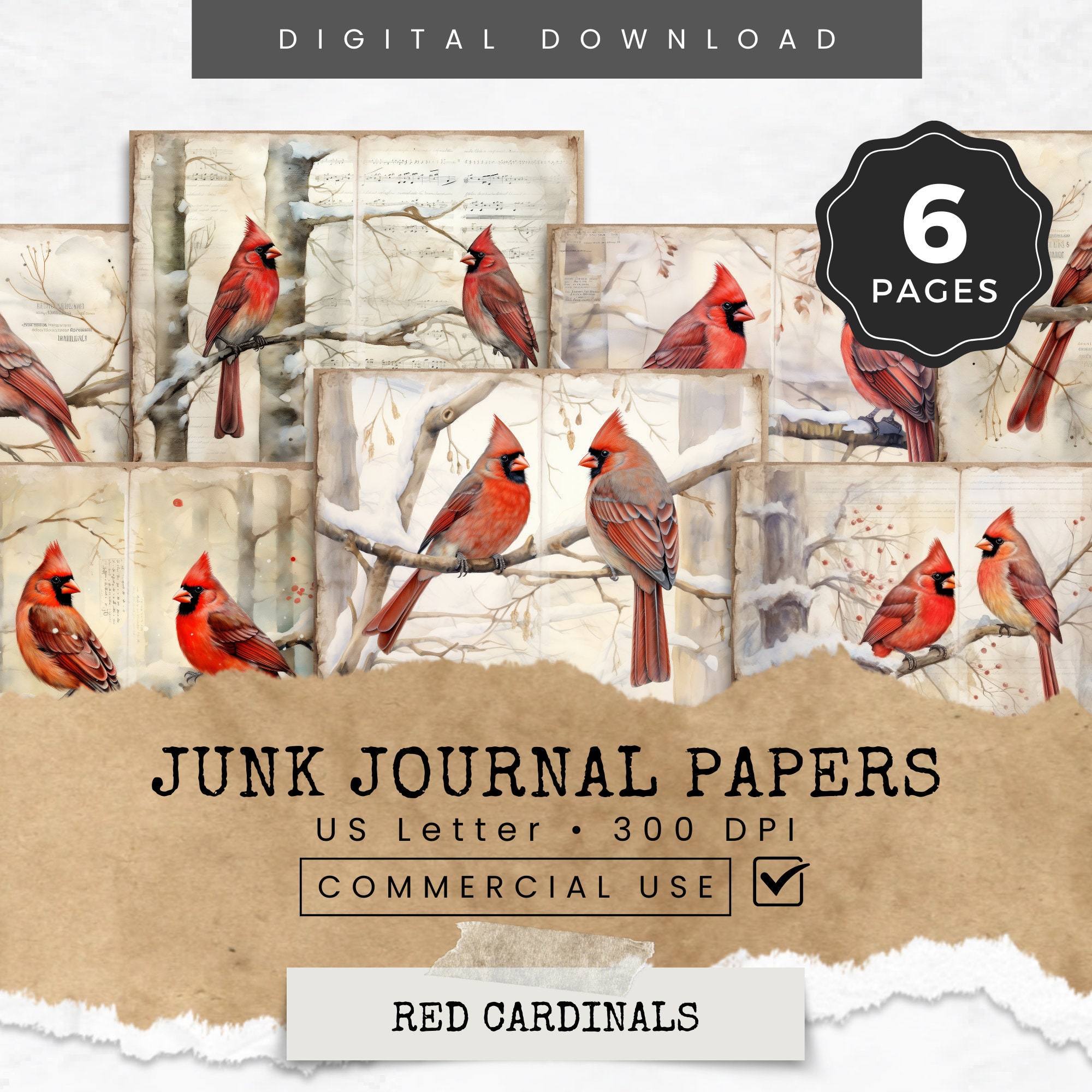 Red Cardinals Junk Journal Printable Pages for Art and Journaling, Bird ...