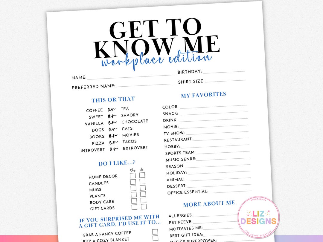 Team Building Get to Know Your Staff Questionnaire Printable, Employee ...
