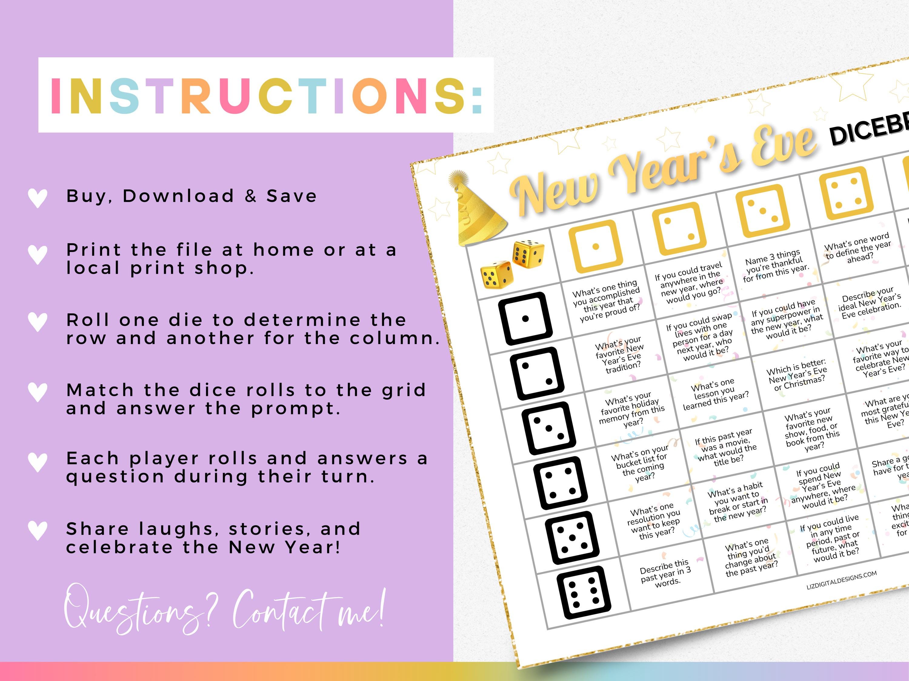 New Years Eve Icebreaker Dice Game, Conversation Starters, Getting to ...