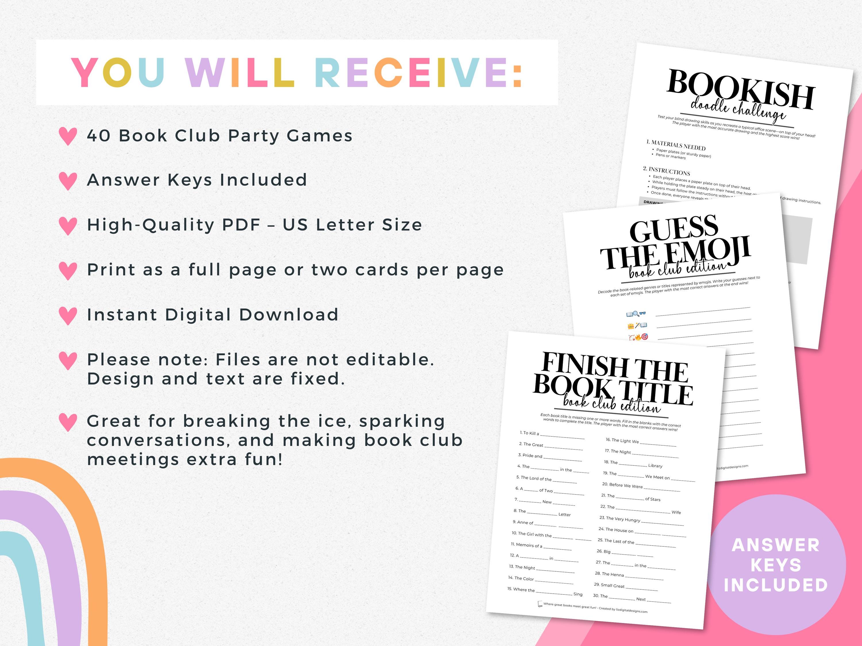 40 Book Club Games, Printable Book Club Meeting Activity Kit ...