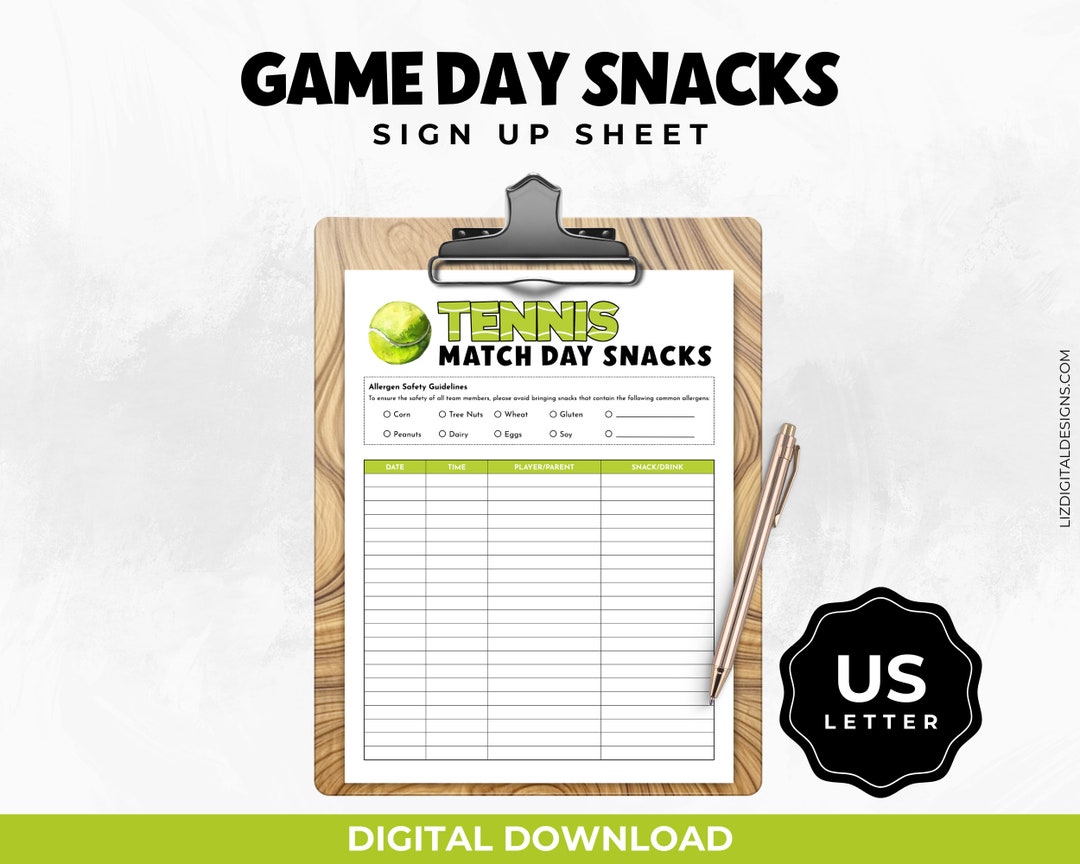 Tennis Game Day Snack Schedule Sign up Sheet, Printable Tennis Match ...
