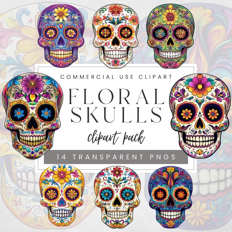 Watercolor Floral Skulls Clipart Bundle, Mexican Sugar Skull PNG, Dia ...