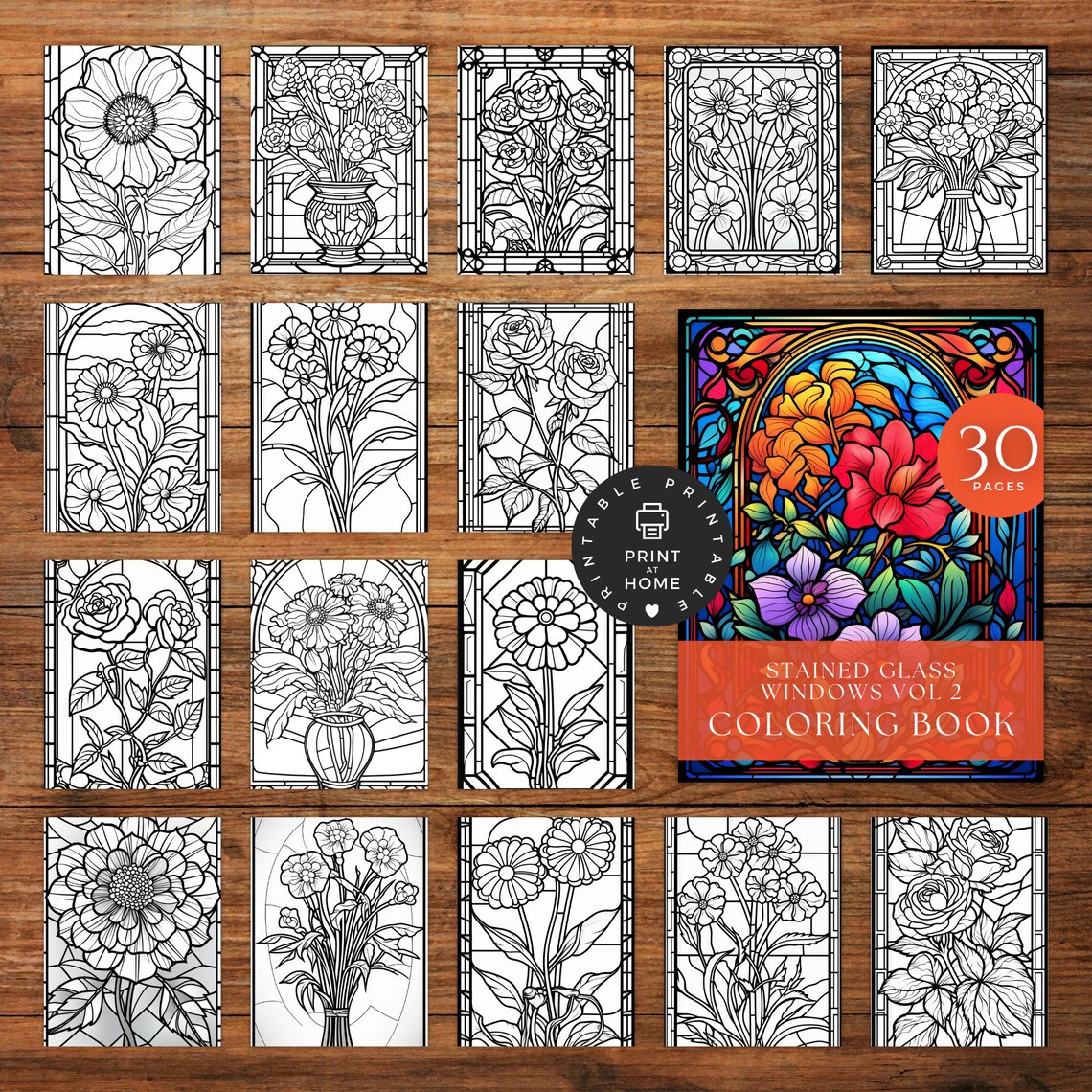 30 Flower Stained Glass Window Coloring Pages for Adults and Kids ...