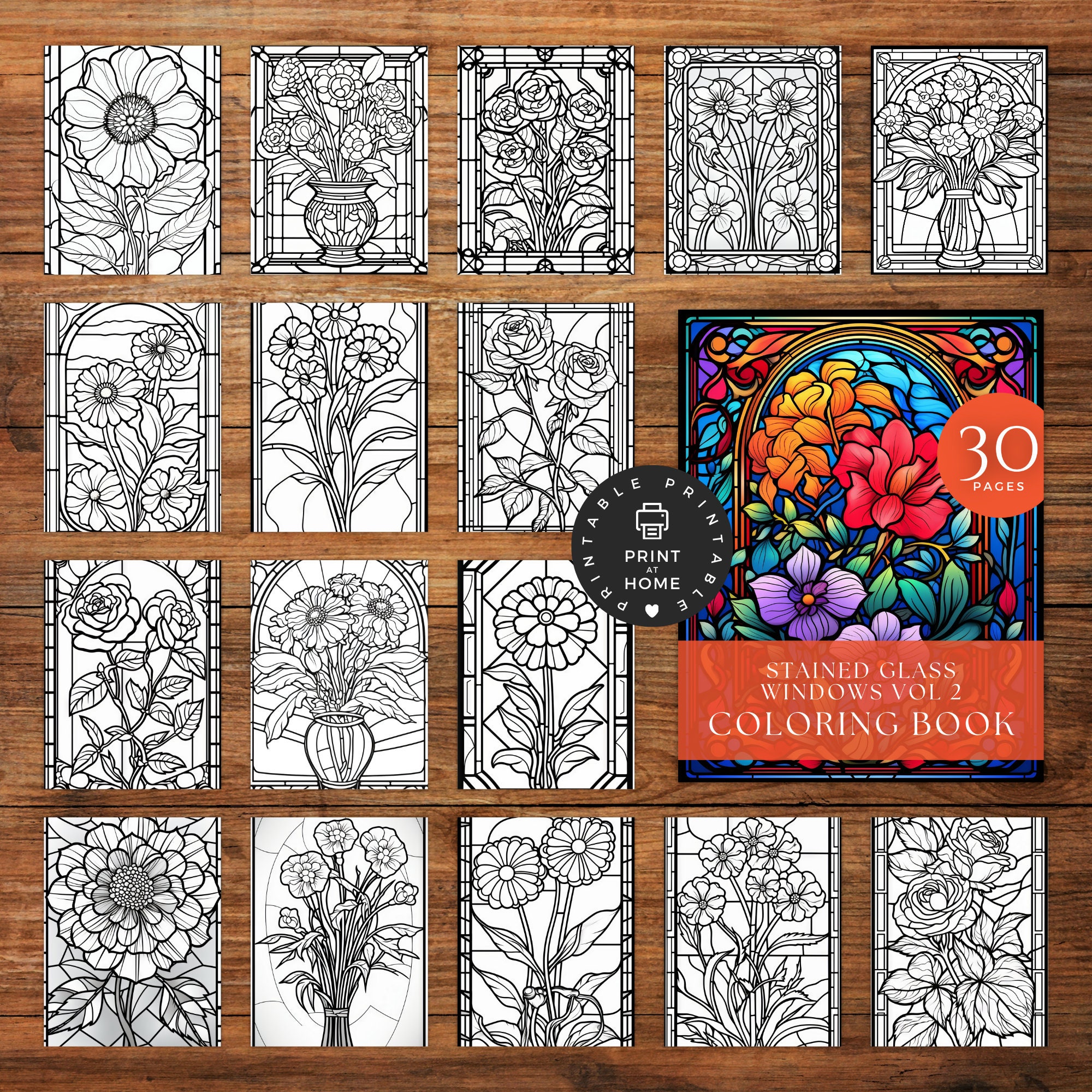 30 Flower Stained Glass Window Coloring Pages for Adults and Kids ...
