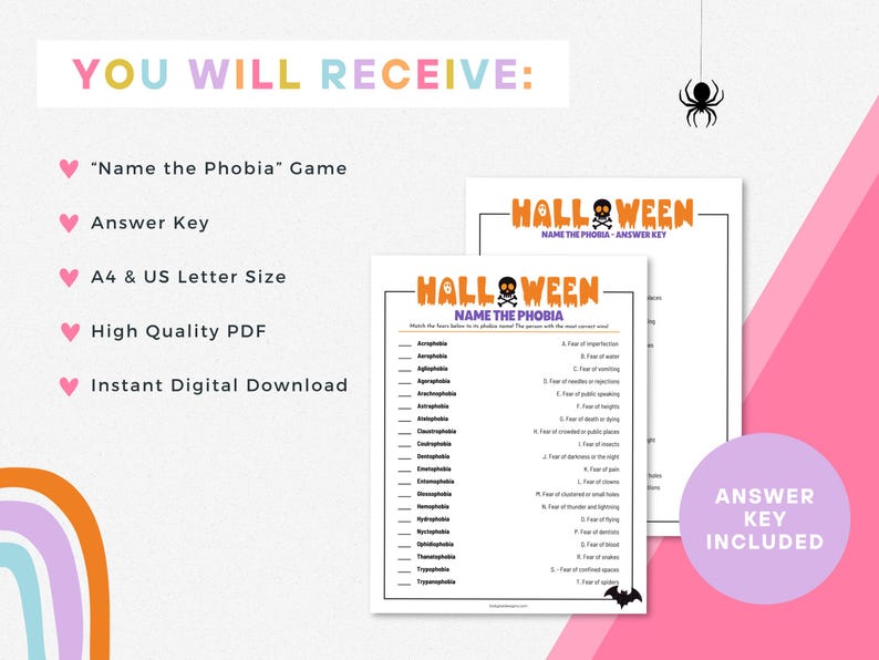 Halloween Name the Phobia Trivia Matching Game, Printable Halloween ...