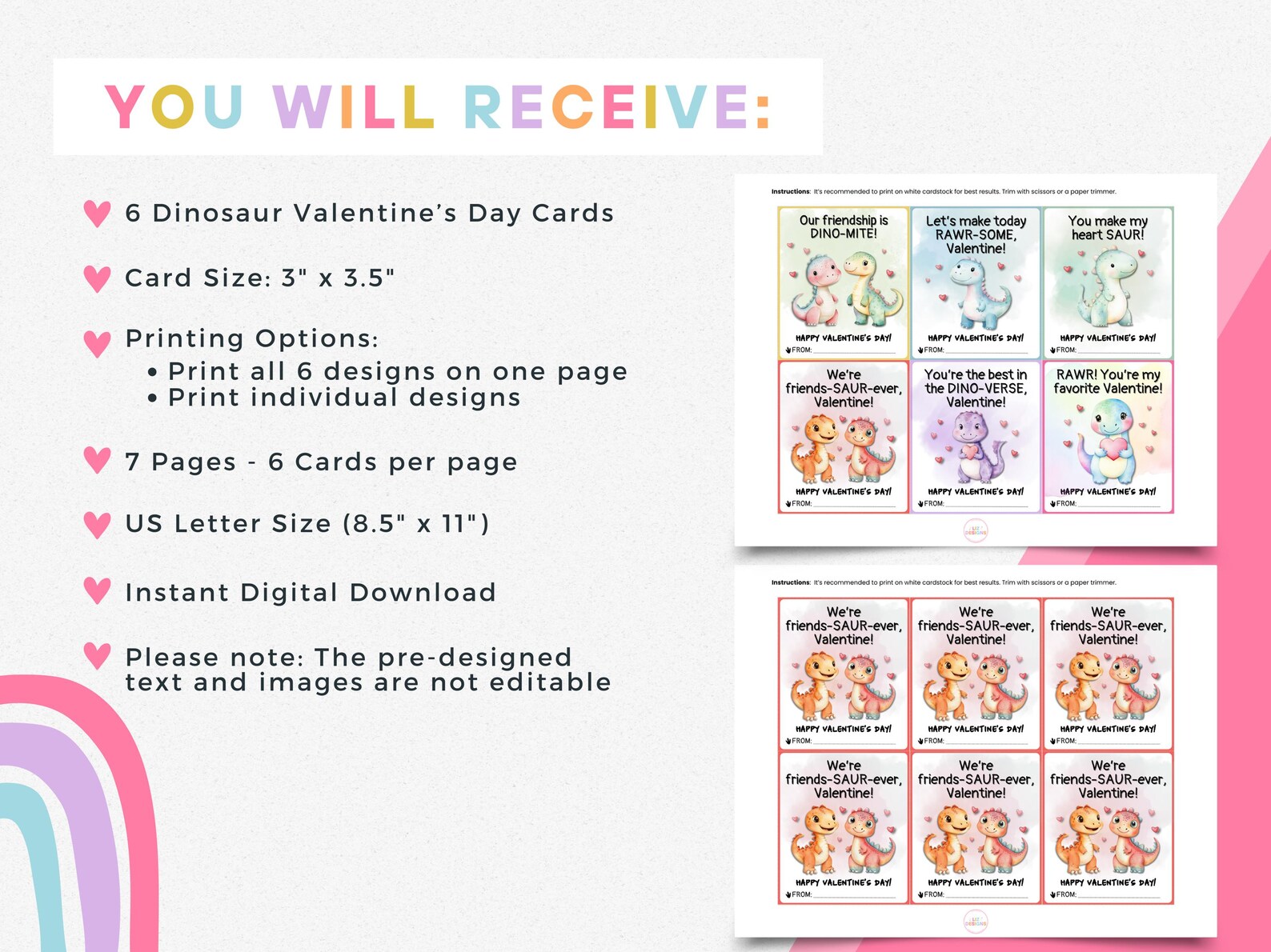 6 Cute Dinosaur Valentine's Day Cards, Printable Kids Valentine Cards ...