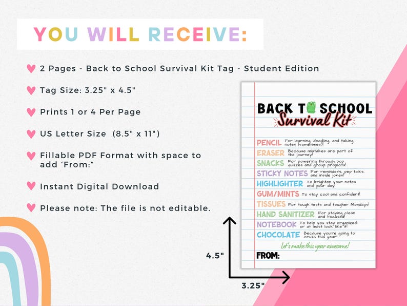 Student Survival Kit Tag, Printable Back to School Gift Tag, Happy ...