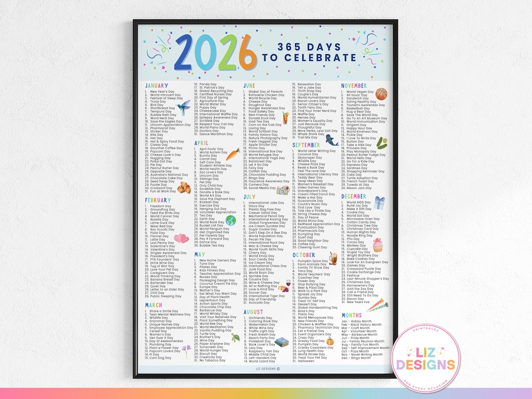 2026 National Days Calendar Printable, Content Planner, Theme Days, One ...