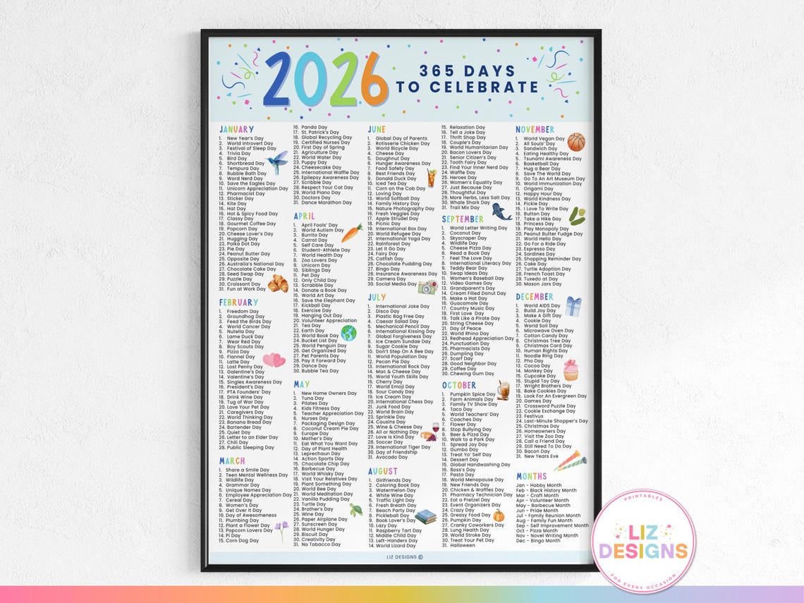 2026 National Days Calendar Printable, Content Planner, Theme Days, One ...