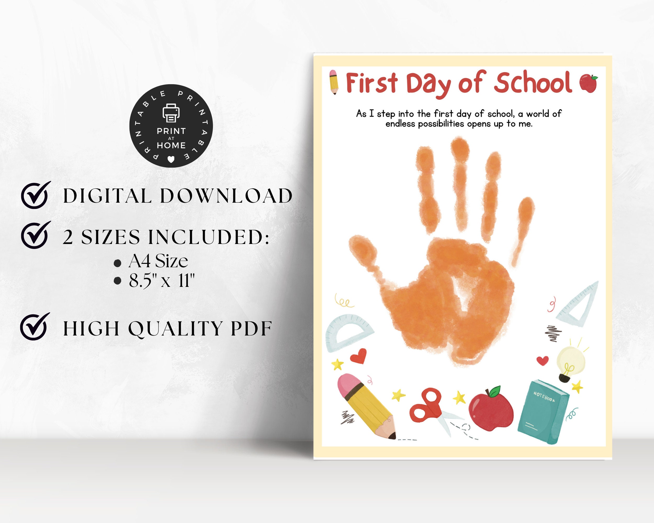 First Day of School Handprint Art, School Memory, Back to School ...