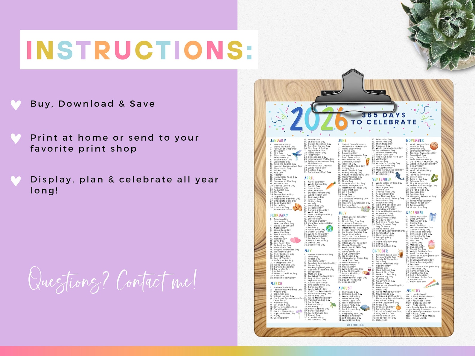 2026 National Days Calendar Printable, Content Planner, Theme Days, One ...