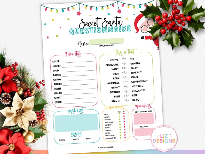Secret Santa Questionnaire, Gift Exchange Form, Work Secret Santa ...