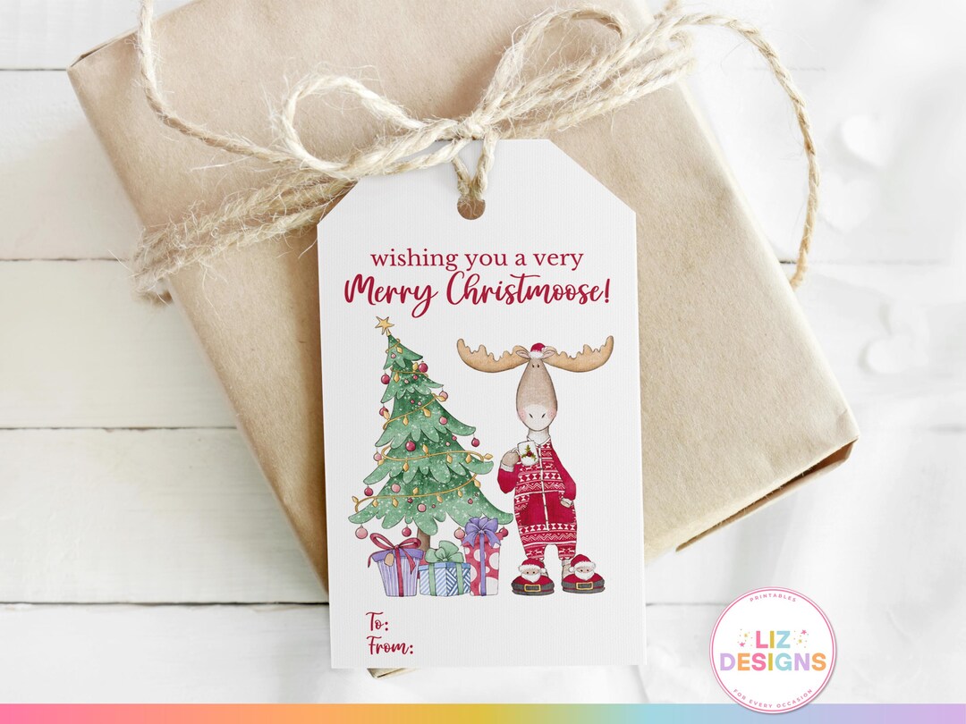 Merry Christmas Moose Gift Tag, Printable Christmas Party Favor Tag ...