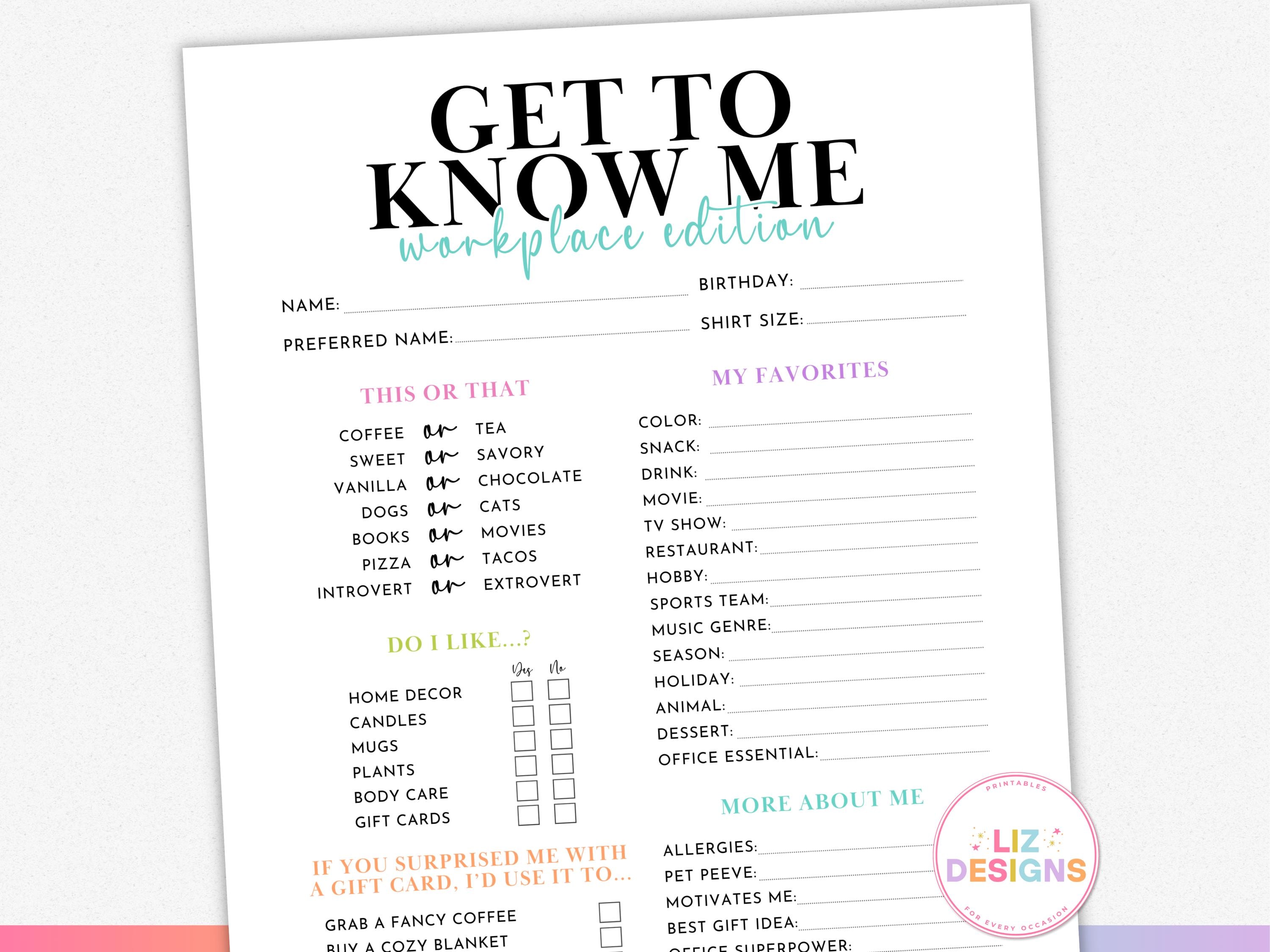 Team Building Get to Know Your Staff Questionnaire Printable, Employee Favorite Things ...