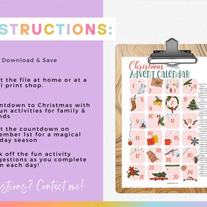Christmas Advent Calendar With Fun Activities, Pink Printable Kids ...