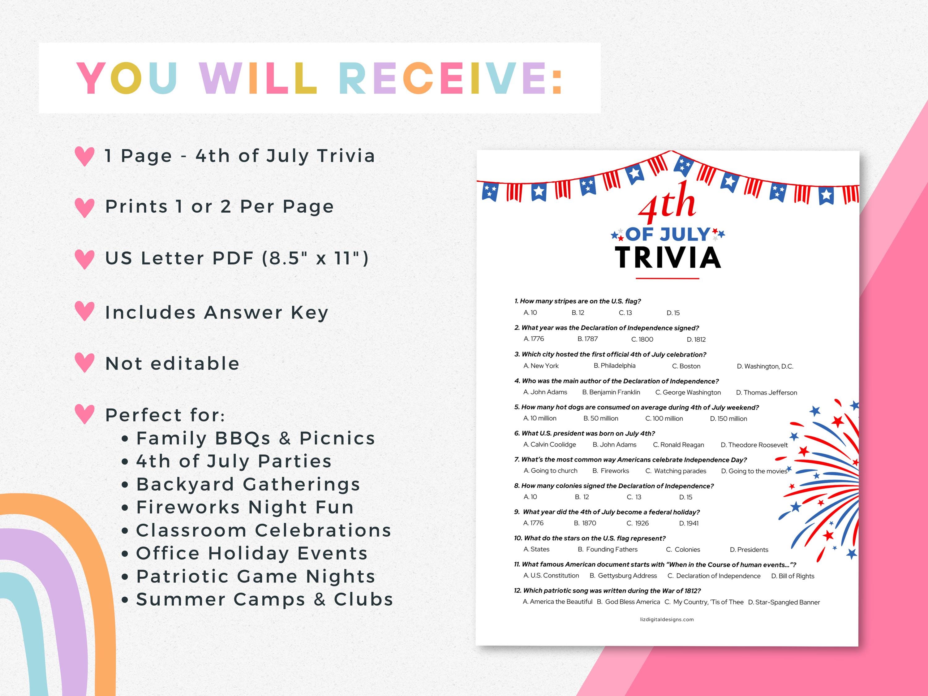 4th of July Trivia Game, Printable Patriotic Quiz, Fun Independence ...