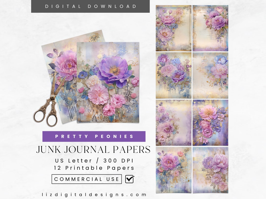 Vintage Peony Junk Journal Papers, Floral Printable Journal, Pink ...