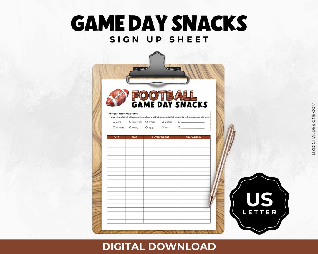 Football Game Day Snack Schedule Sign up Sheet, Printable Football ...
