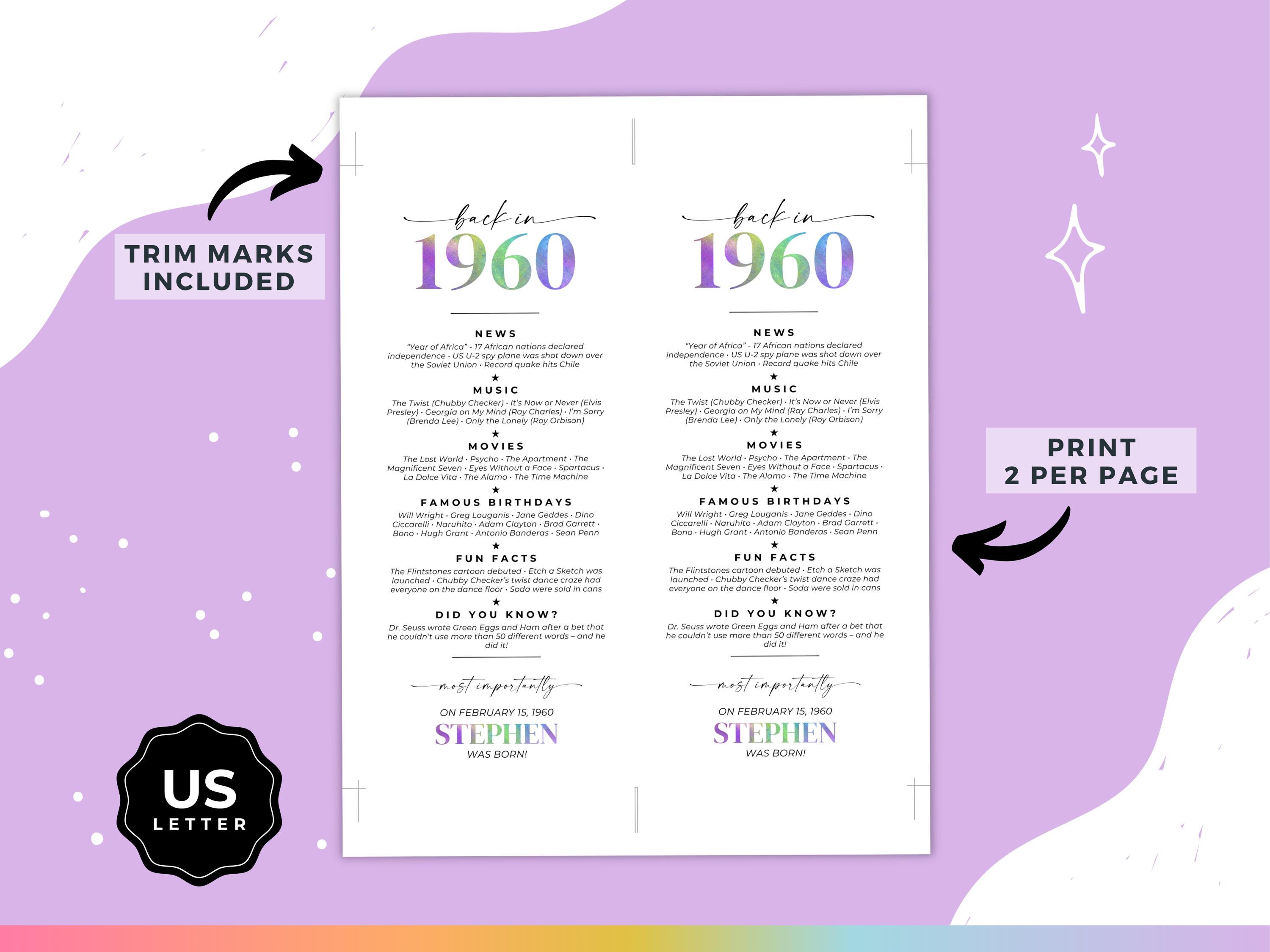 Personalized Back in 1960 Birthday Table Place Card, Born in 1960 Bday ...