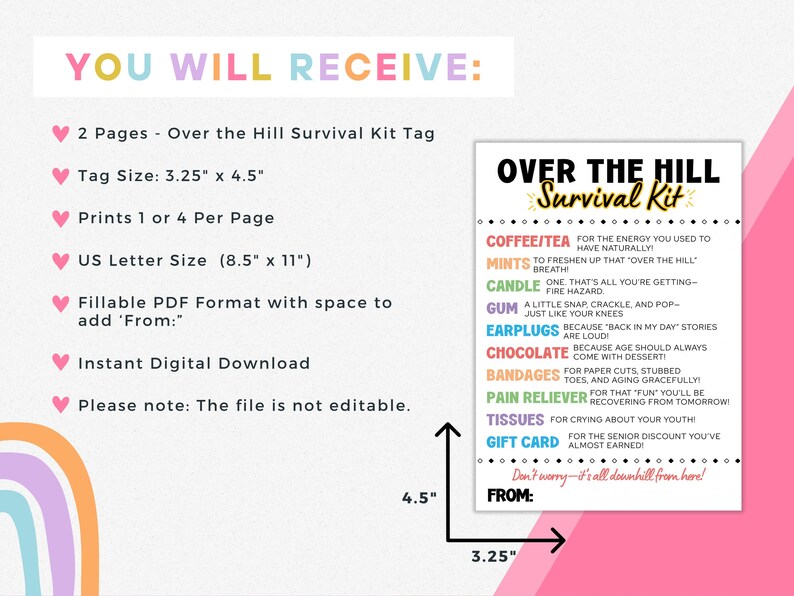 Over the Hill Survival Kit Tag, Funny Milestone Birthday Gag Gift ...