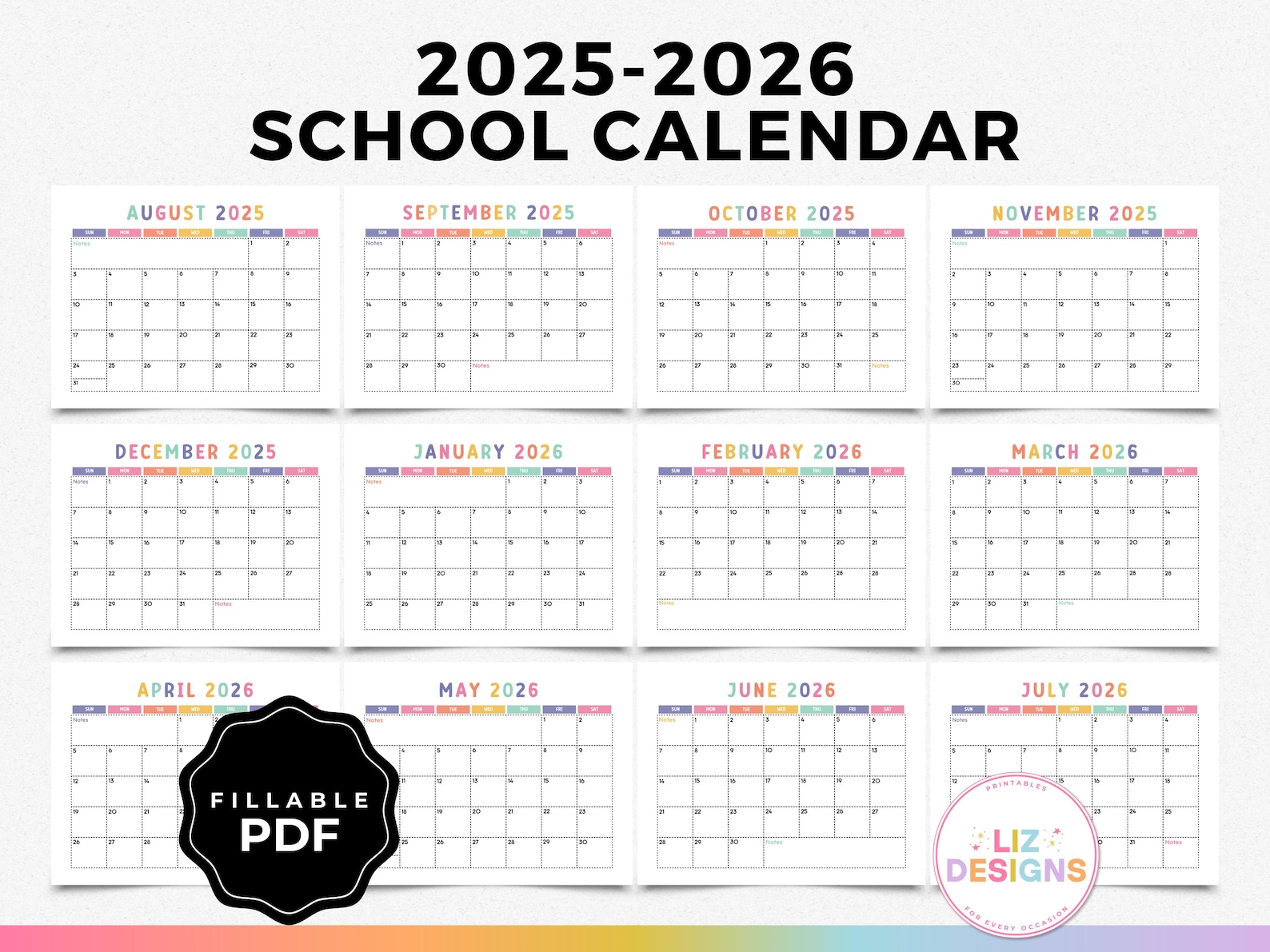 2025-2026 School Year Calendar, Printable Editable Monthly Academic ...