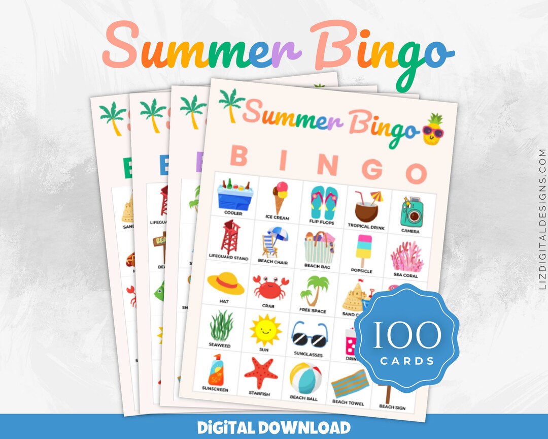 100 Summer Bingo Cards, Summer Birthday Party Activities, Vacation ...