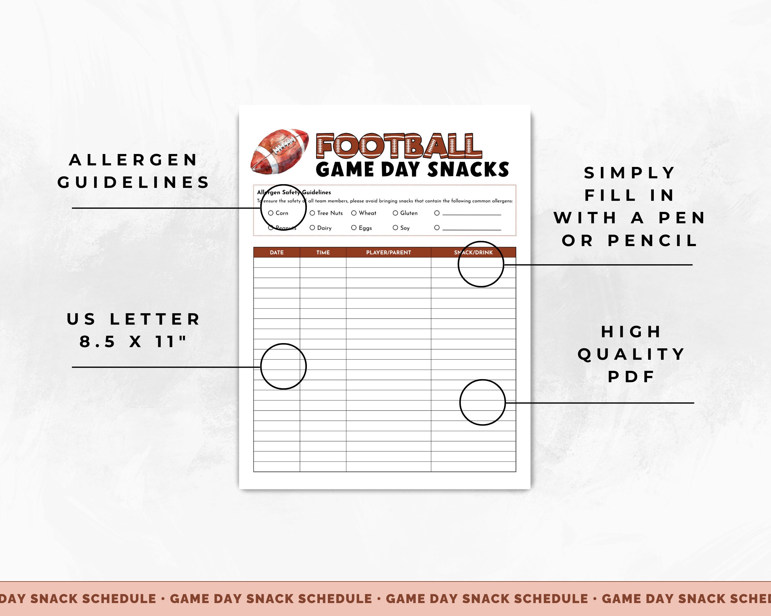 Football Game Day Snack Schedule Sign up Sheet, Printable Football ...