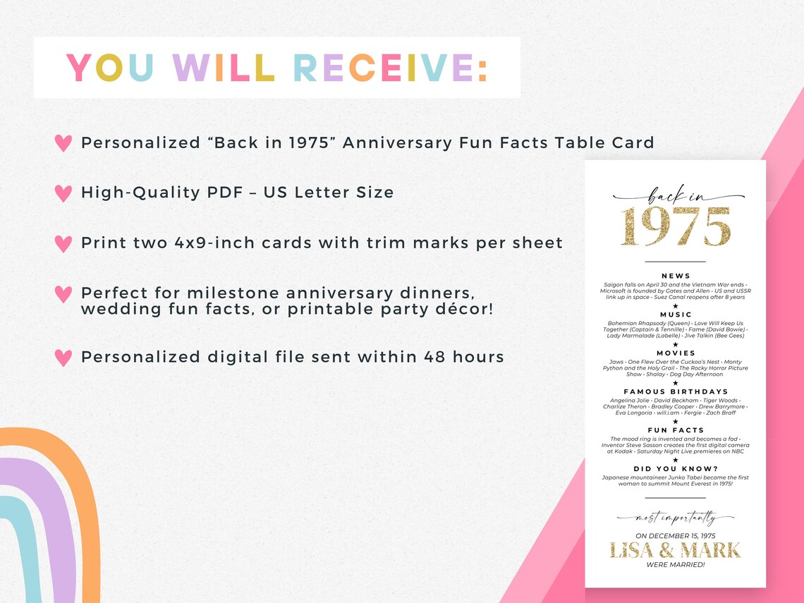 Personalized Married in 1975 Wedding Anniversary Table Place Setting ...
