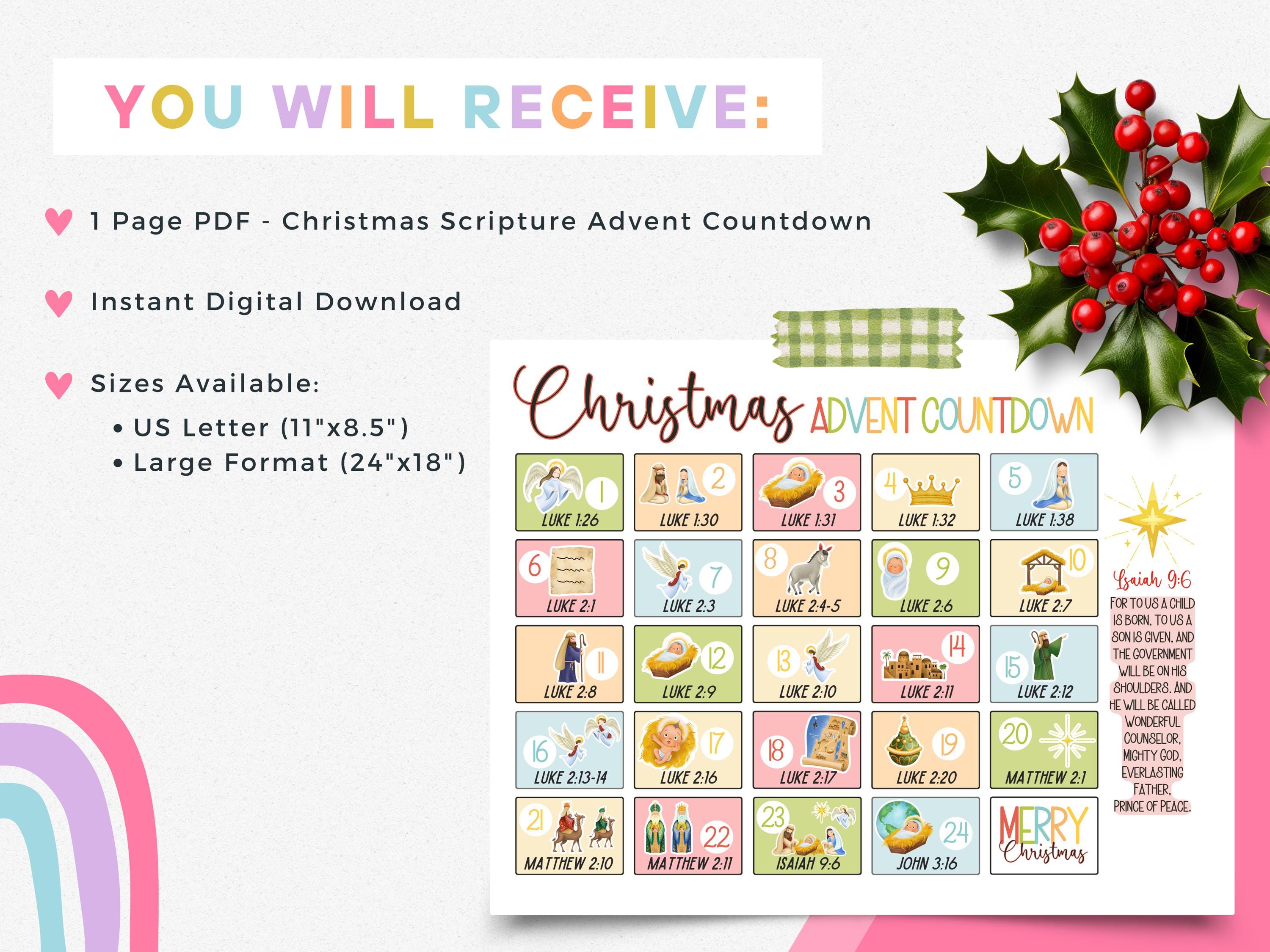Scripture Advent Countdown Calendar, Printable Christmas Countdown ...