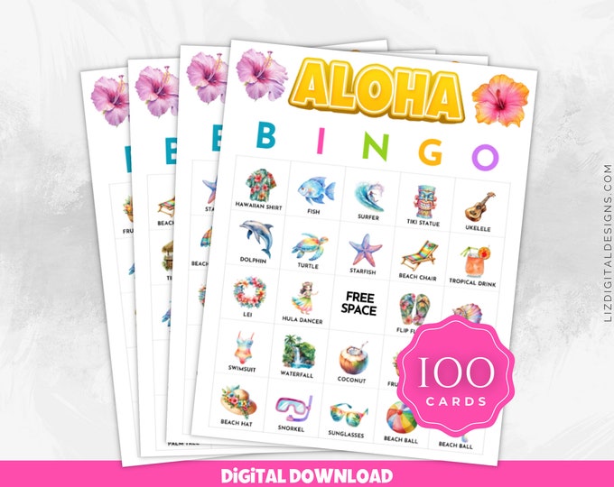 60 Luau Bingo Cards Printable Game, Aloha Hawaiian Birthday Party Bingo ...