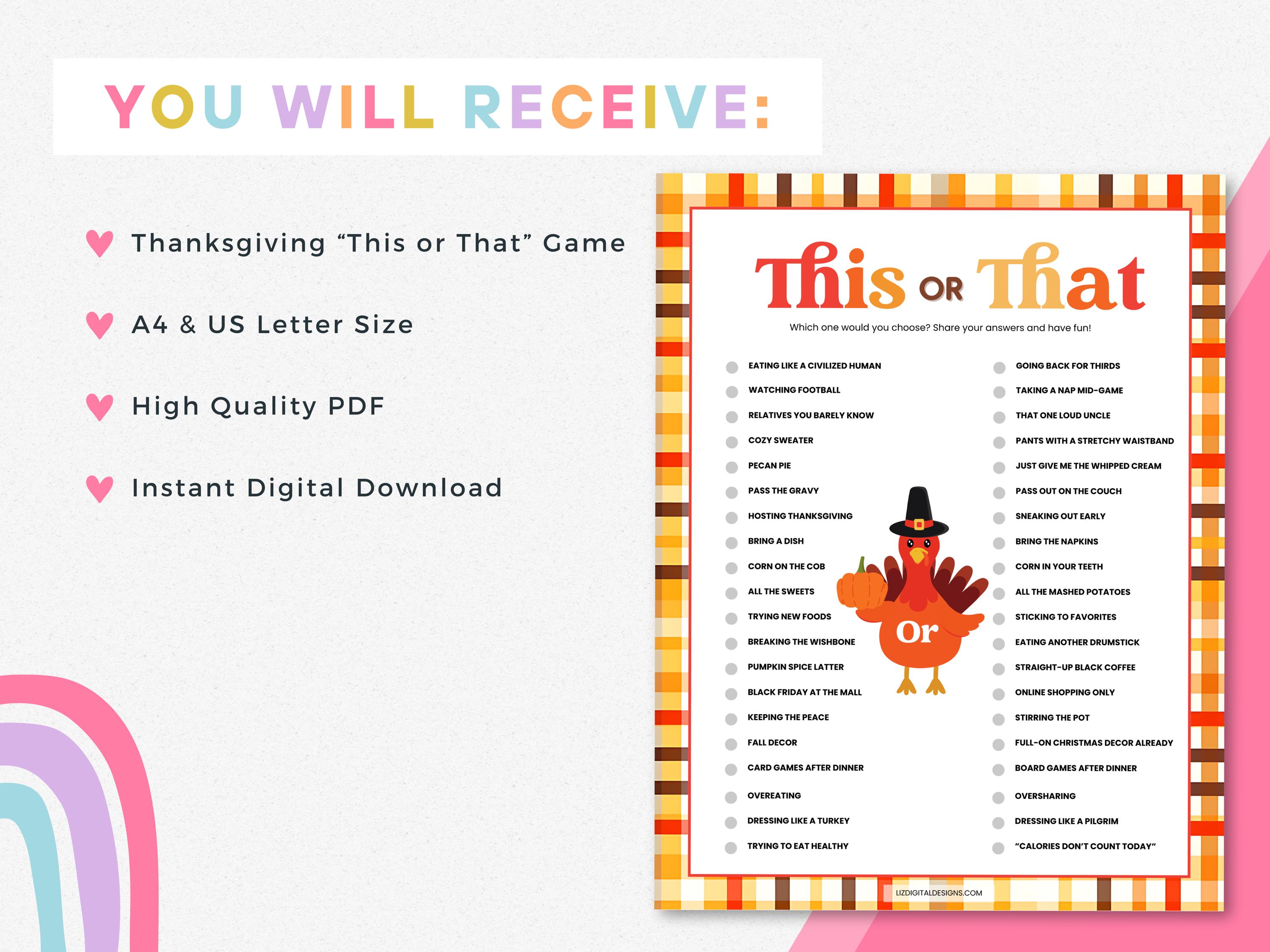 Thanksgiving Would You Rather Game, Printable This or That Party Game ...