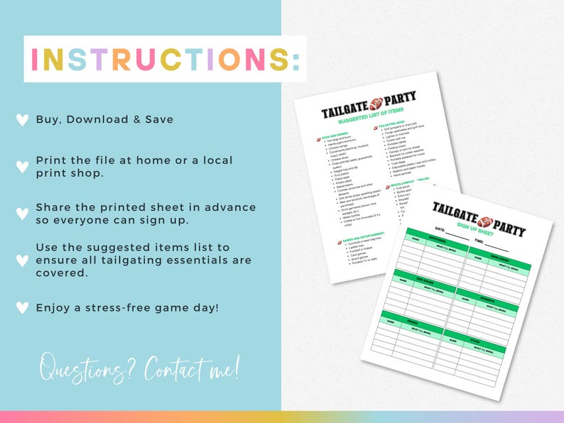 Football Tailgate Party Sign up Sheet, Printable Football Potluck Sheet ...