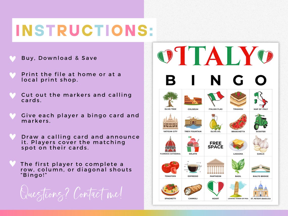 100 Italy Bingo Cards, Printable Travel Bingo Game, Kids Travel ...