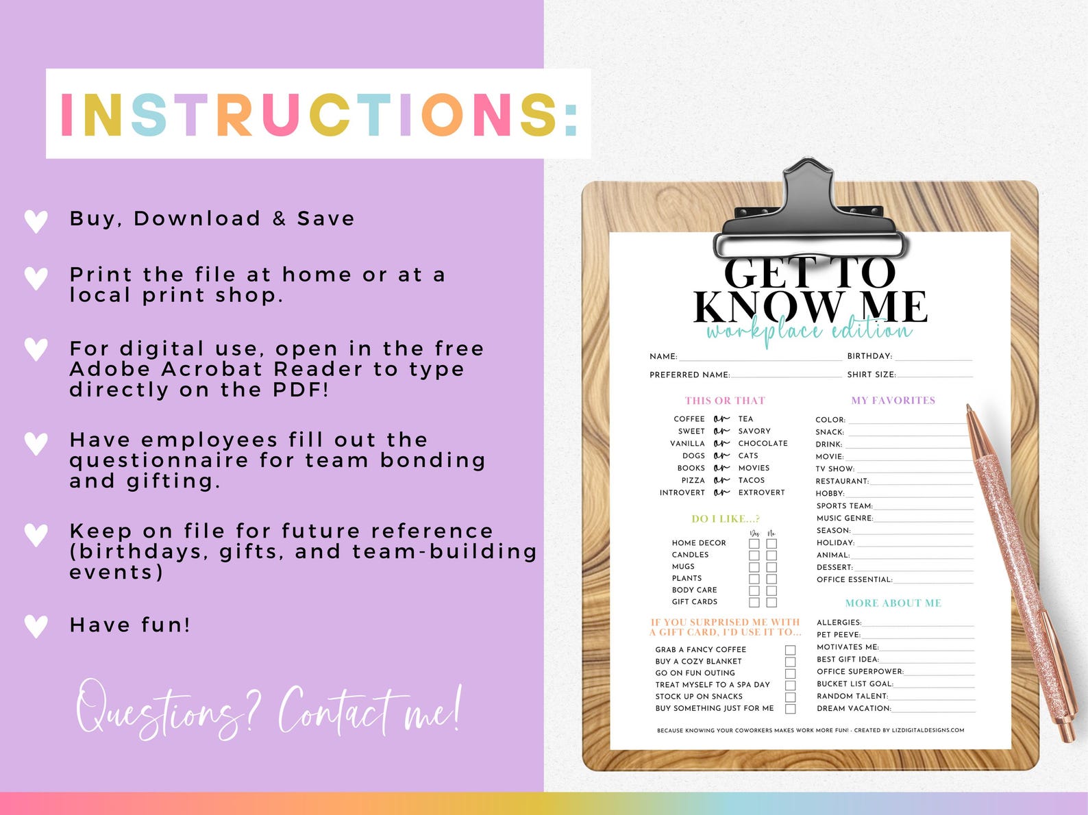 Team Building Get to Know Your Staff Questionnaire Printable, Employee ...